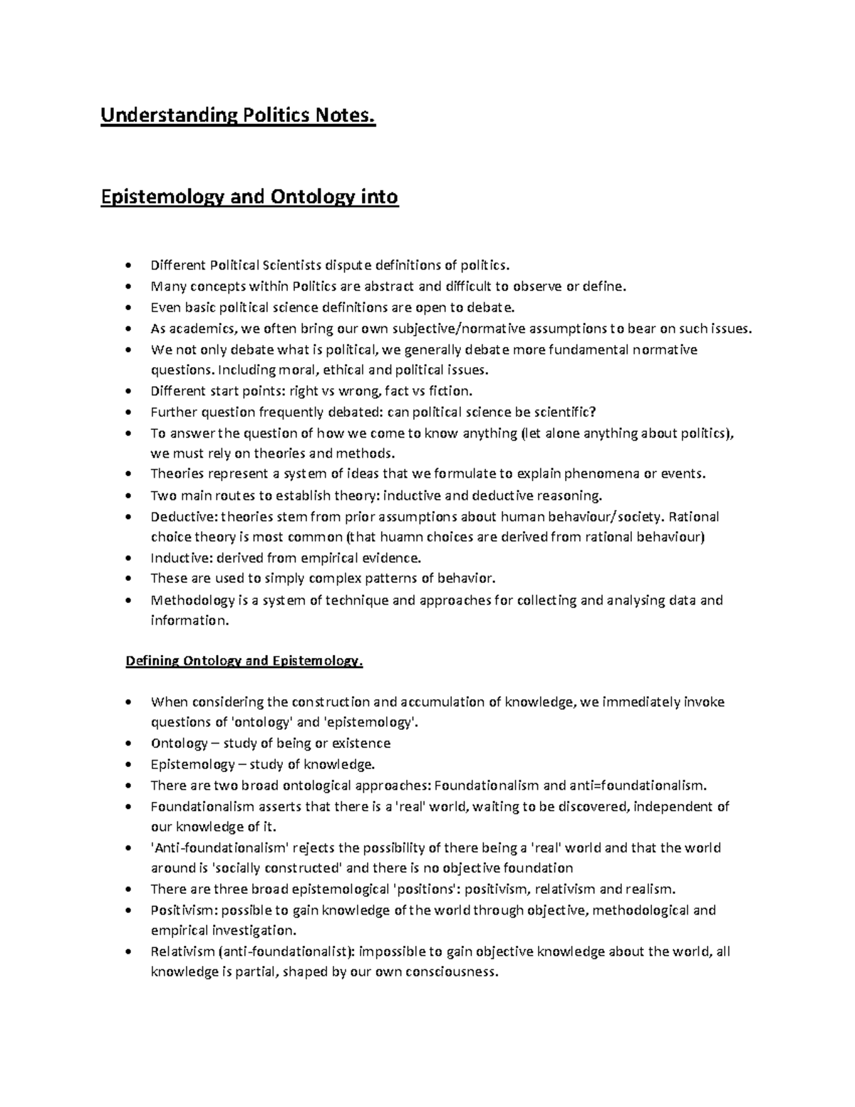 Understanding Politics Notes - Epistemology and Ontology into Different ...
