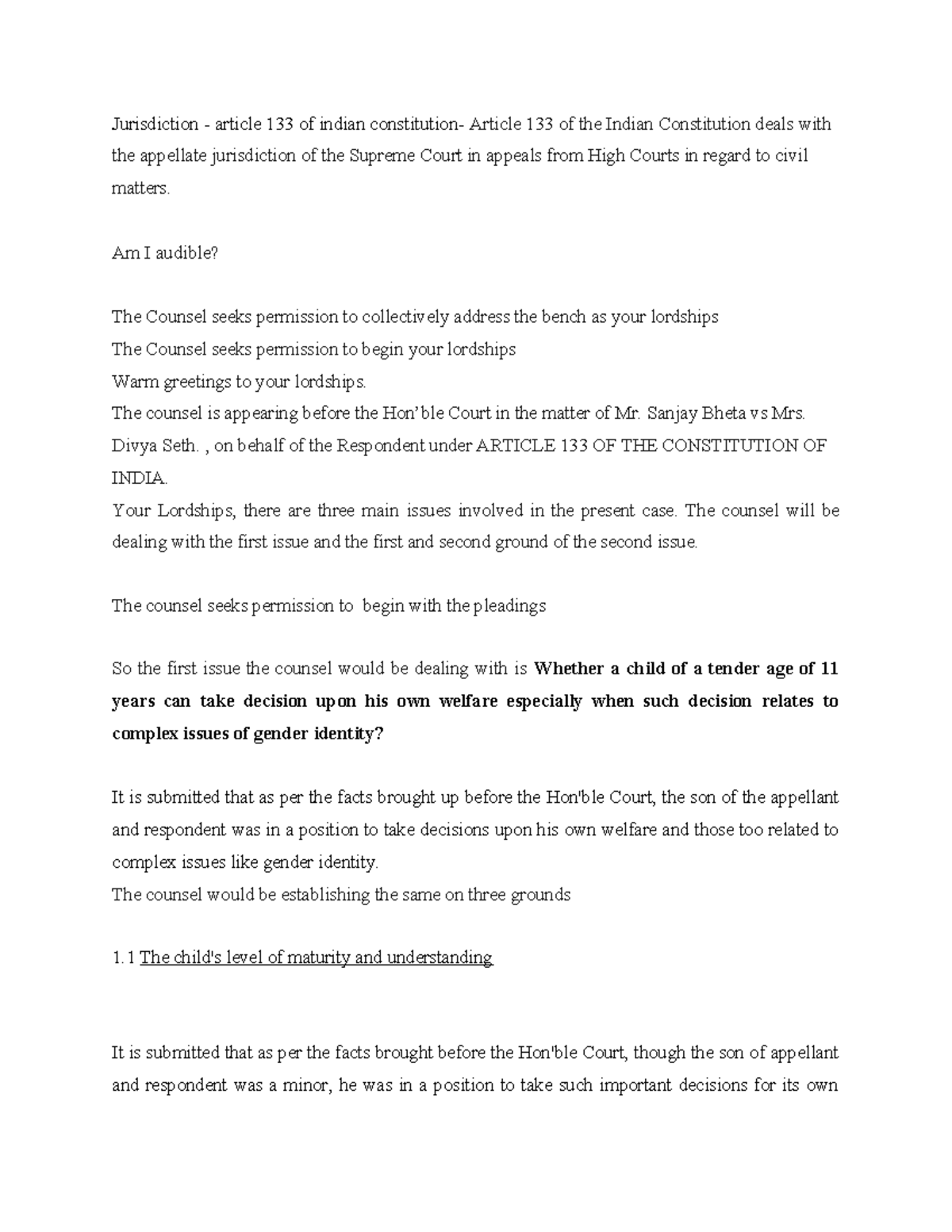 Oral arguments respondent - Jurisdiction - article 133 of indian ...