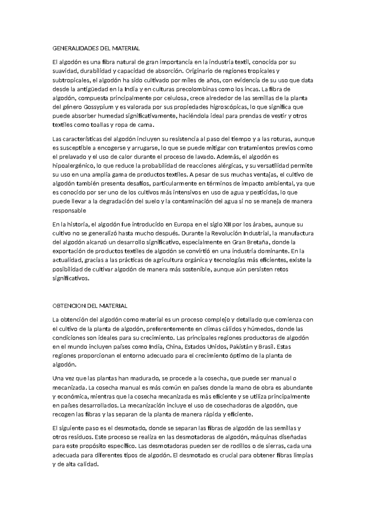 Algodon materila textil - GENERALIDADES DEL MATERIAL El algodón es una ...