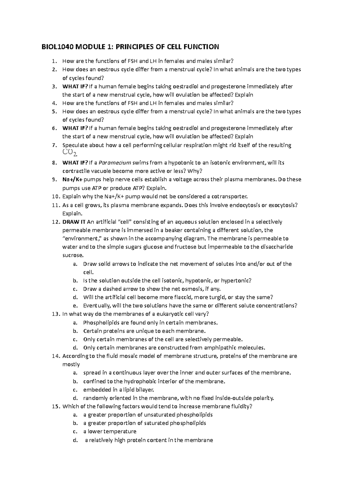 BIOL1040 Module 1 Revision Questions - BIOL1040 MODULE 1: PRINCIPLES OF CELL FUNCTION How are ...