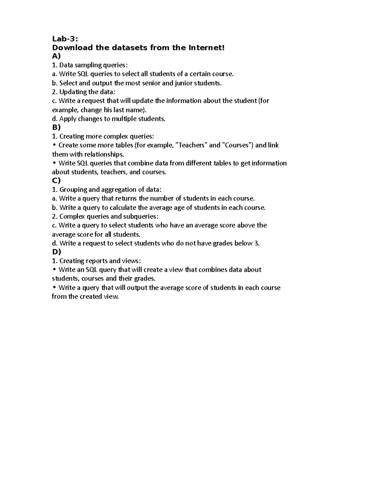 Lab 3 - lab - Lab-3: Download the datasets from the Internet! A) 1. Data sampling queries: a ...