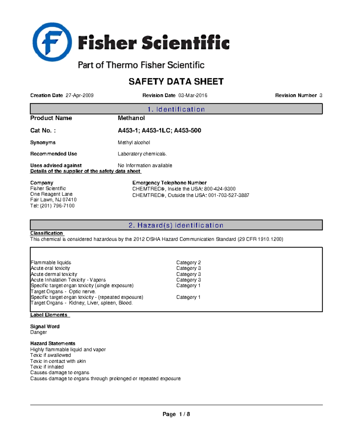 Methanol-A453-500 - homework for practice - SAFETY DATA SHEET 1. I d e ...