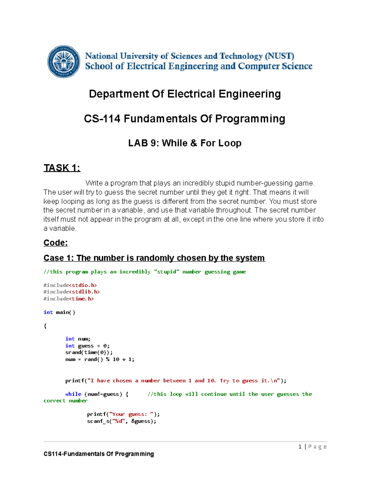 Lab 9 - Exercise Regarding While and For loops - Department Of ...