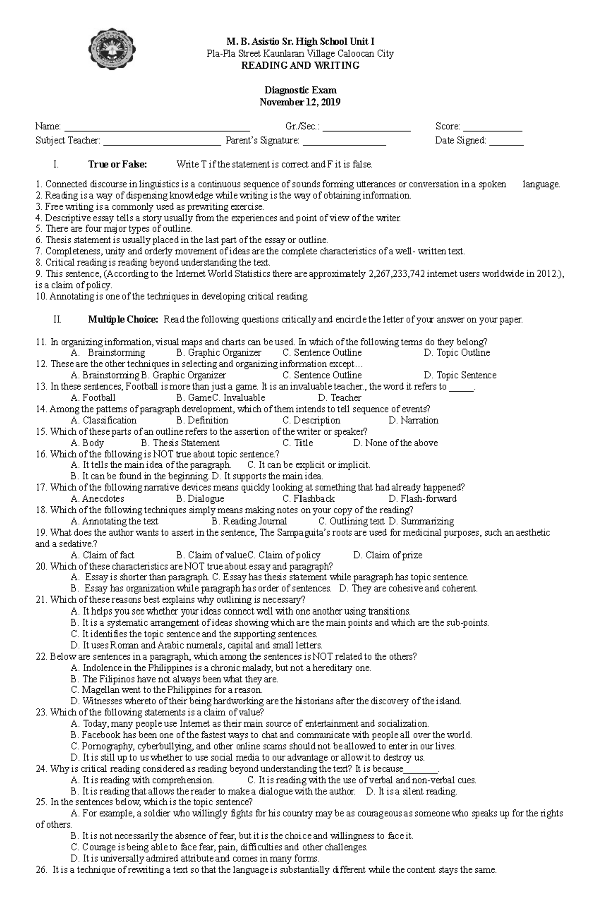 436158675 Diagnostic Exam Reading and Writing - M. B. Asistio Sr. High ...