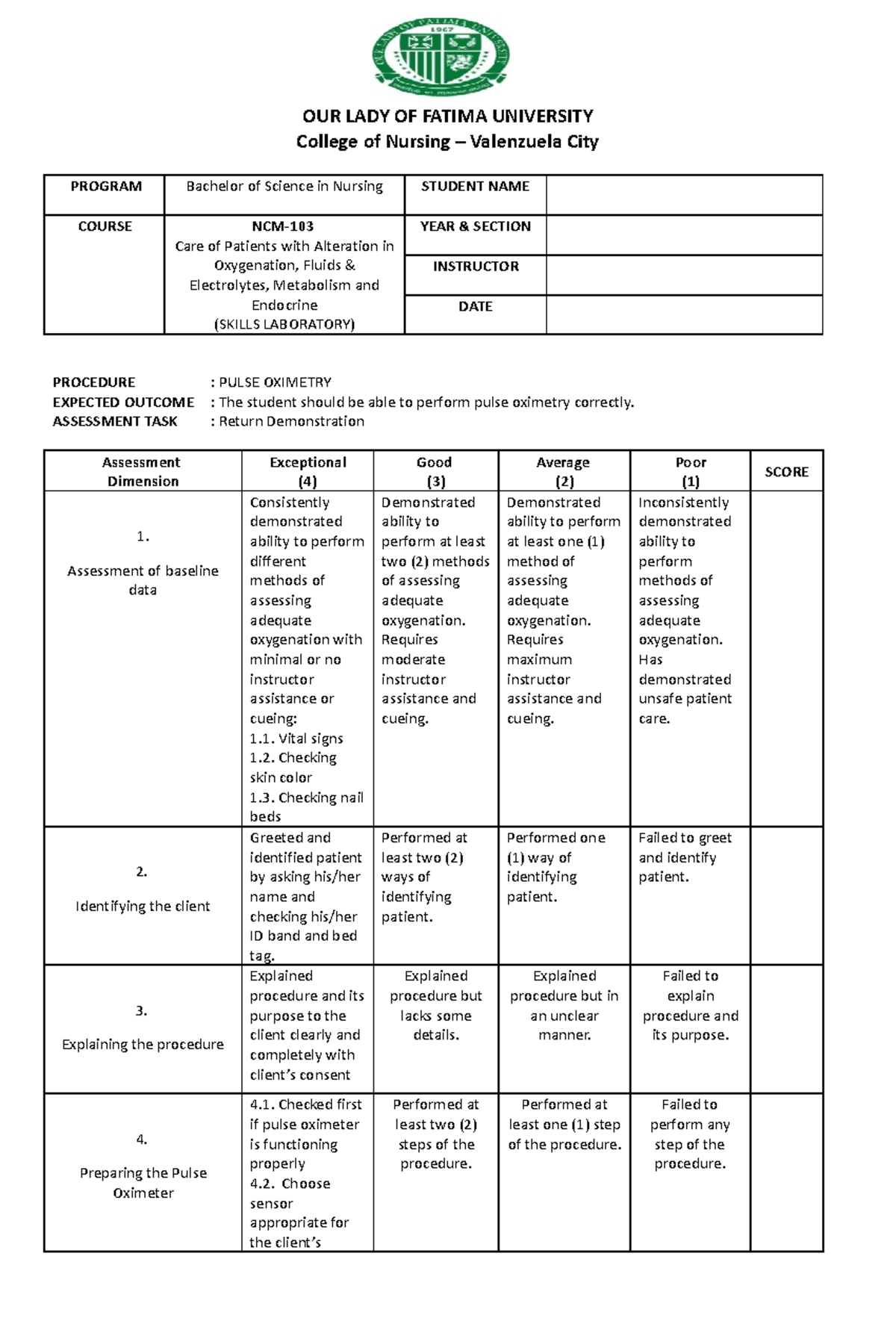 Nursing NCM103 SL Rubrics Pulse Oximetry 2 - OUR LADY OF FATIMA ...
