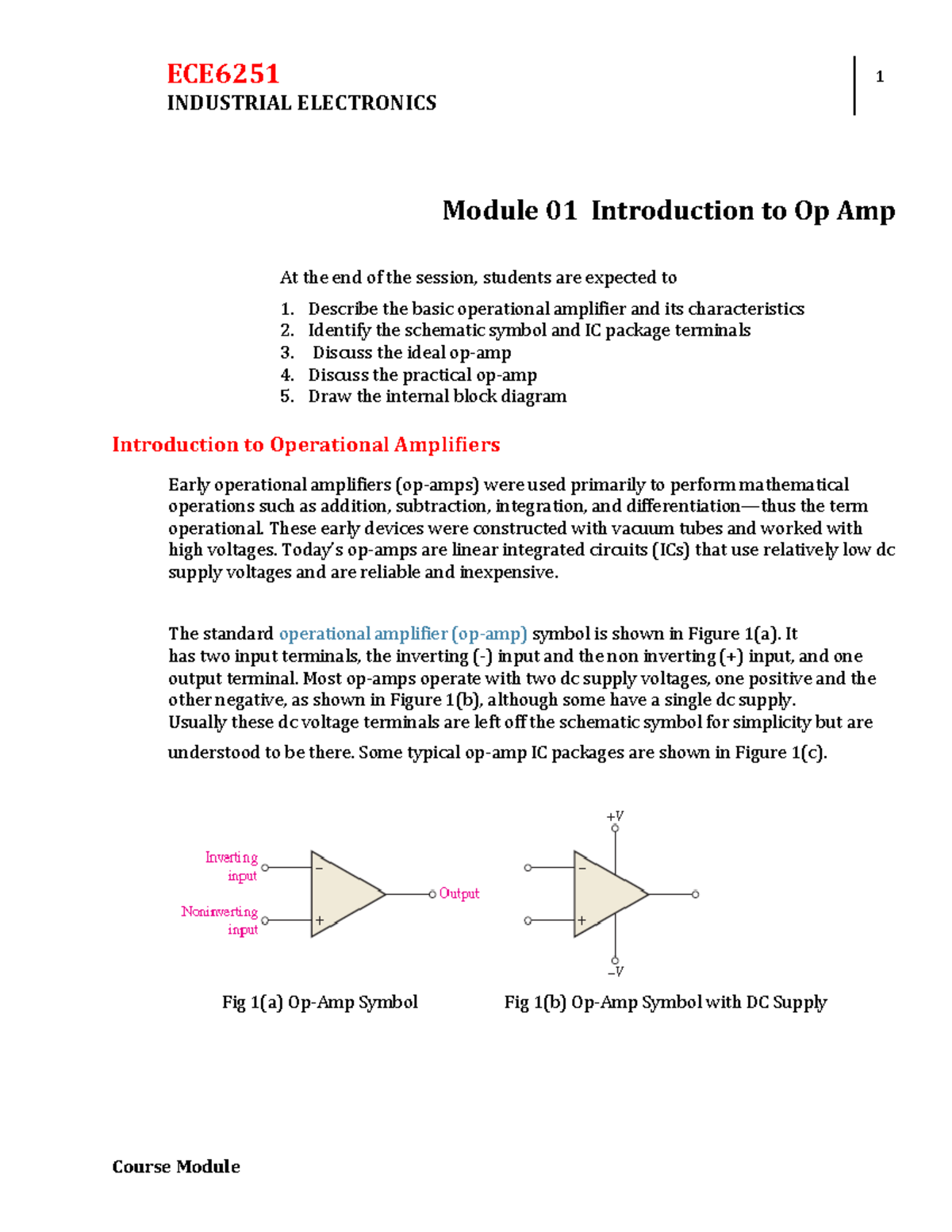 W1 Module - ECE INDUSTRIAL ELECTRONICS 1 Course Module Module 01 Introduction to Op Amp At the ...