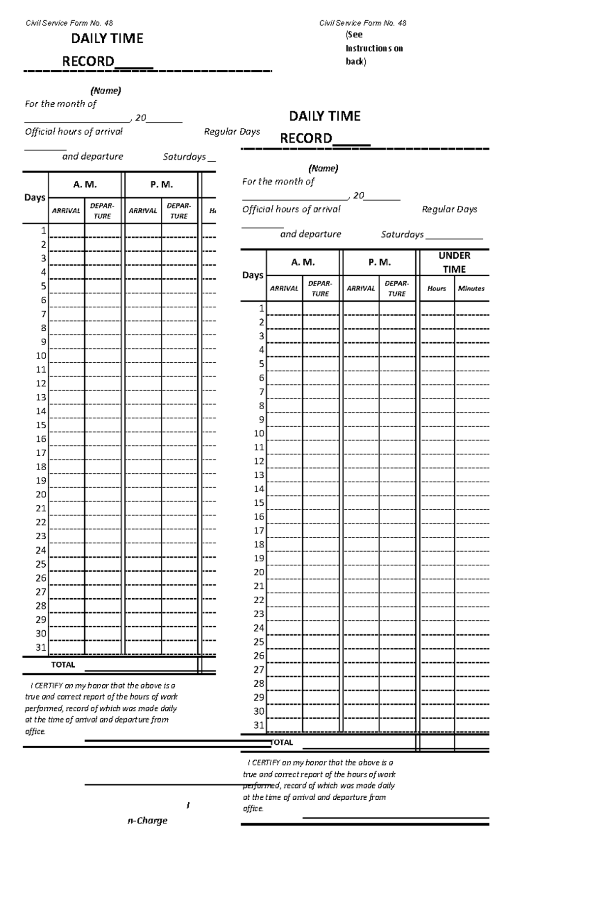 Daily time record - Civil Service Form No. 48 Civil Service Form No. 48 ...