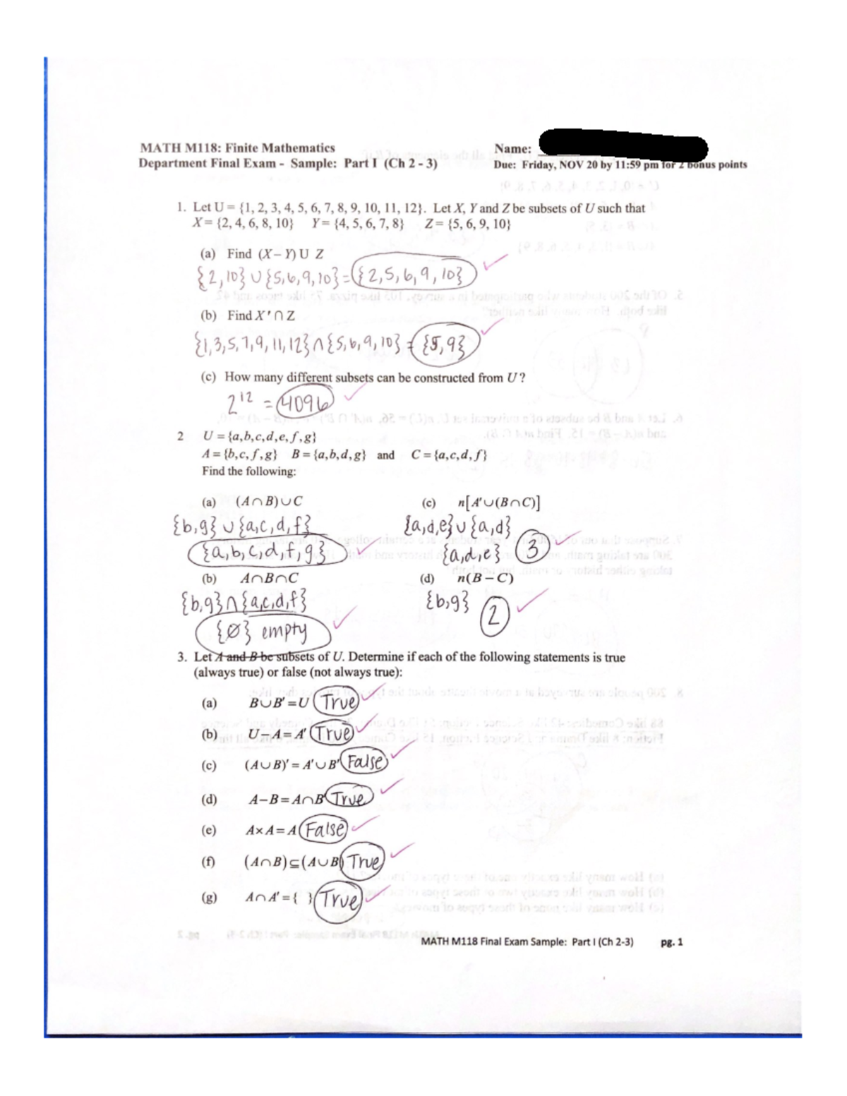 Final Exam Sample I PRACTICE - MATH M118: Finite Mathematics Name ...
