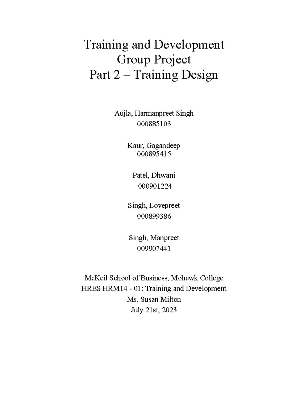 Part 2 - Training Design - Training and Development Group Project Part ...