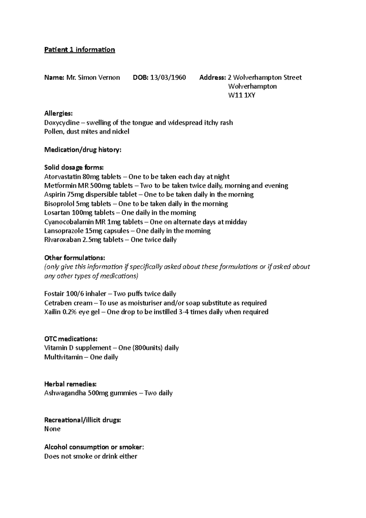 Drug History Taking Patient Information - Patient 1 information Name ...