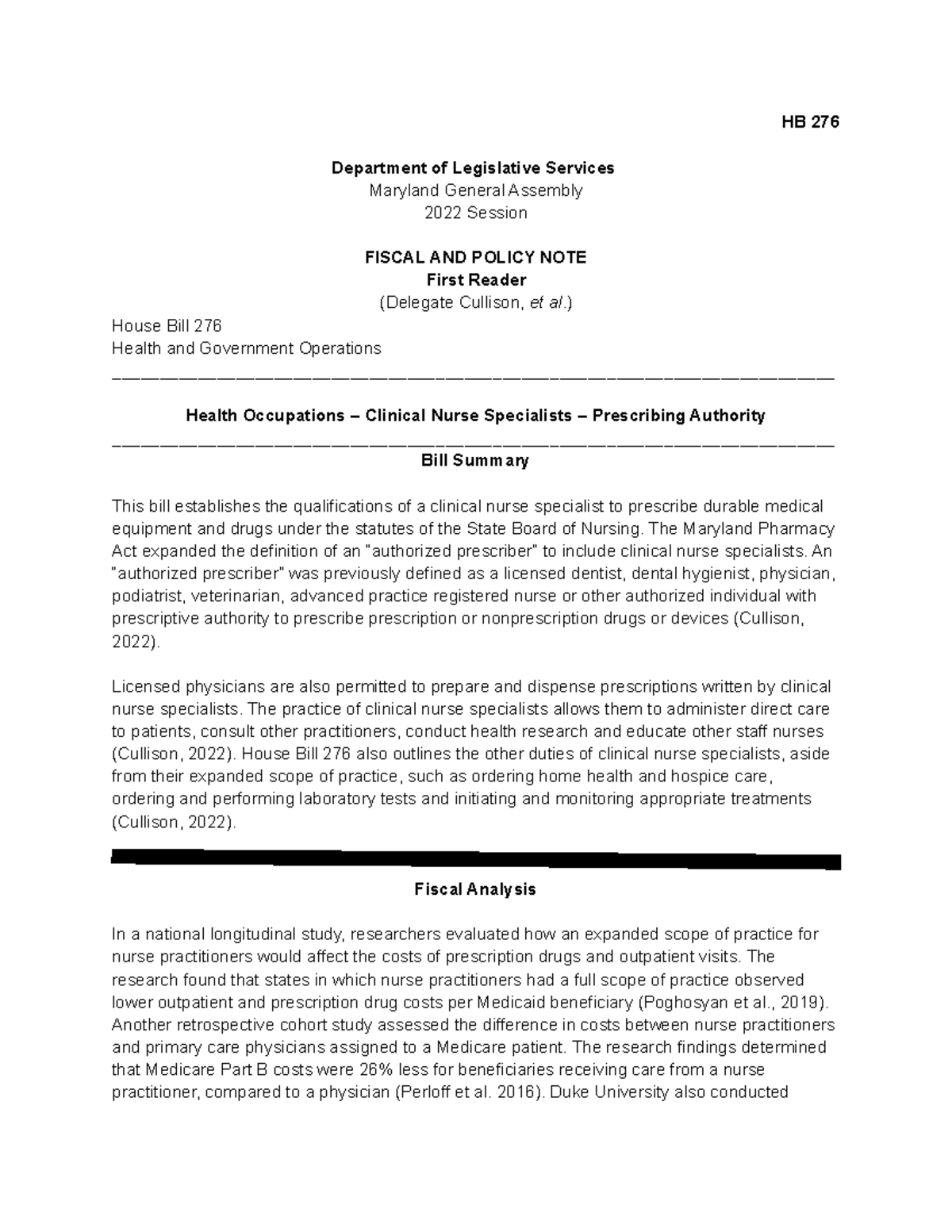 Policy Note Example - HB 276 Department of Legislative Services ...