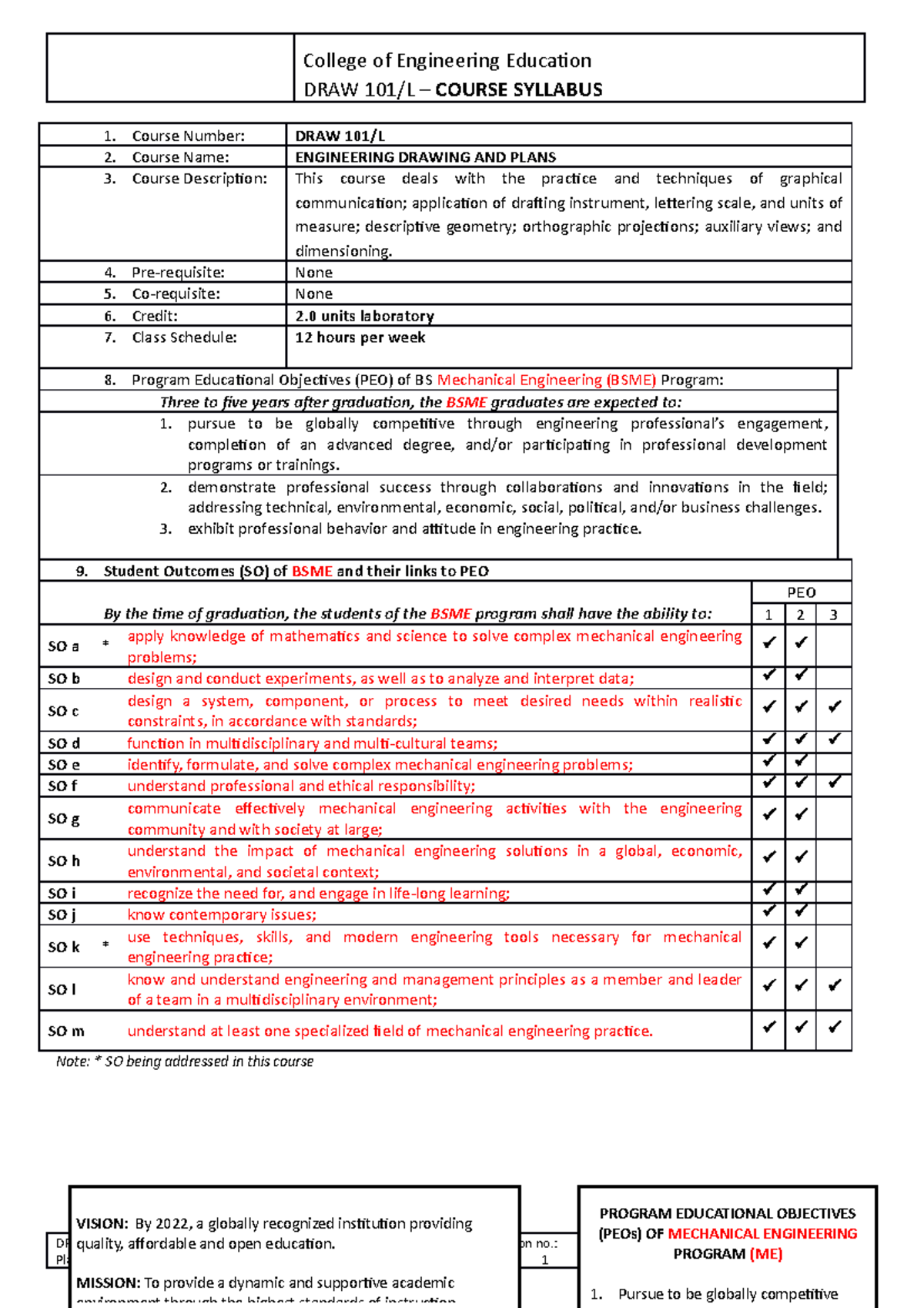 DRAW 101L- Engg Drawing and Plans - DRAW 101/L – COURSE SYLLABUS Course ...