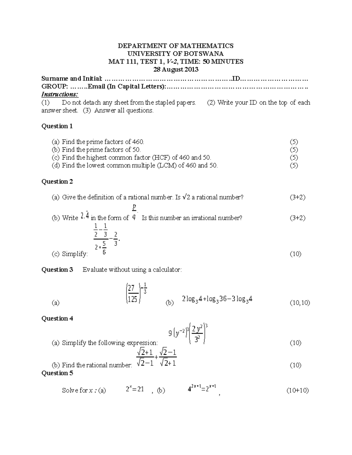MAT 111 TEST 1 finv2 - It's revision material - DEPARTMENT OF ...