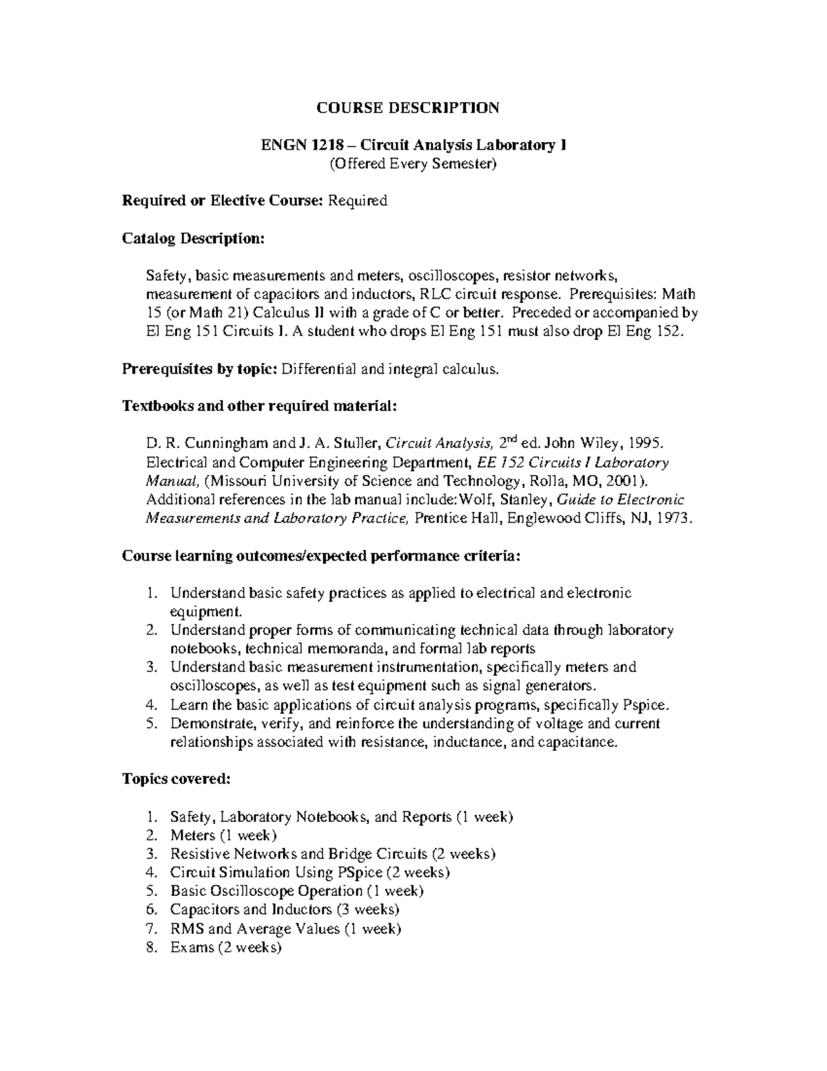 Lab details and expectation ENGN 1218 - COURSE DESCRIPTION ENGN 1218 – Circuit Analysis ...
