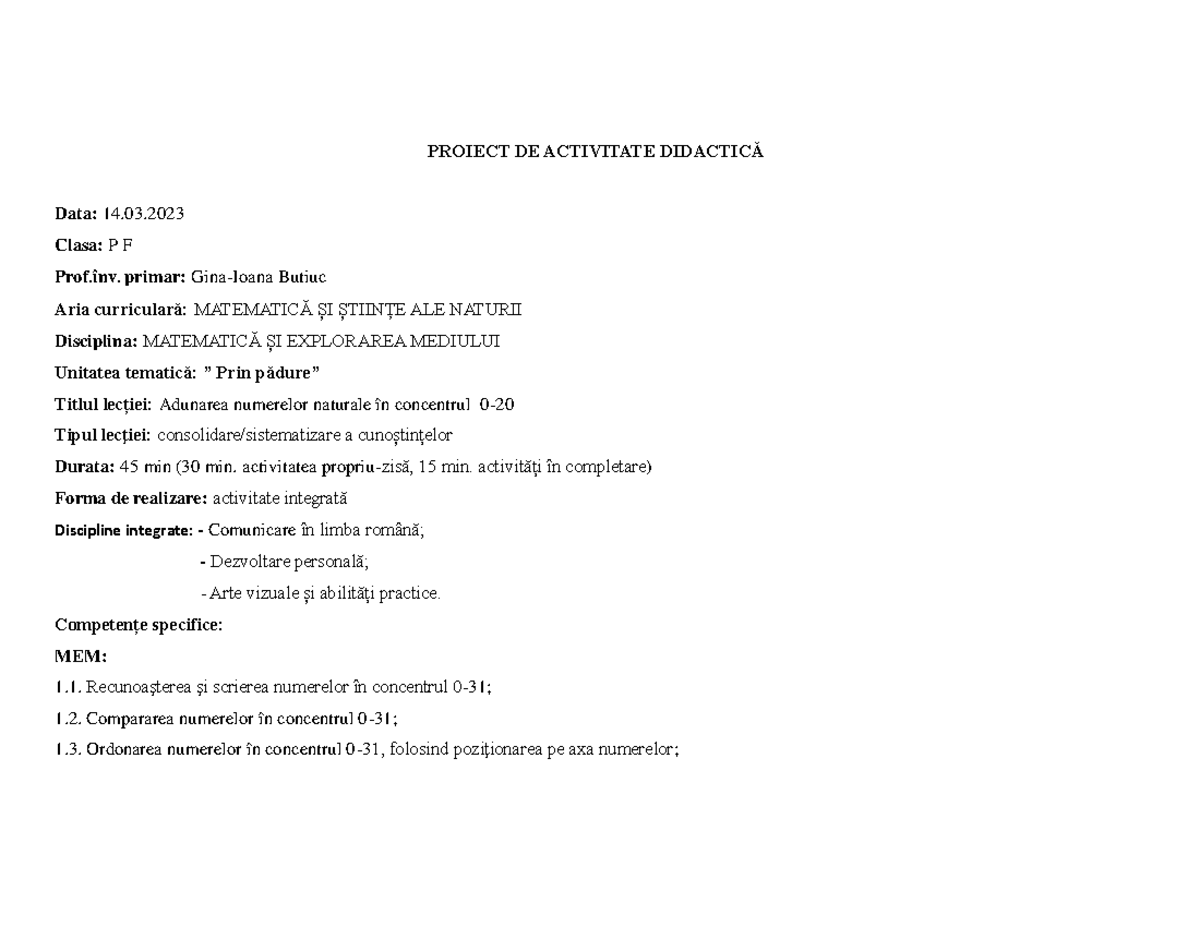 Proiect didactic MATEMATICĂ ȘI EXPLORAREA MEDIULUI - Adunarea numerelor naturale în concentrul 0 ...