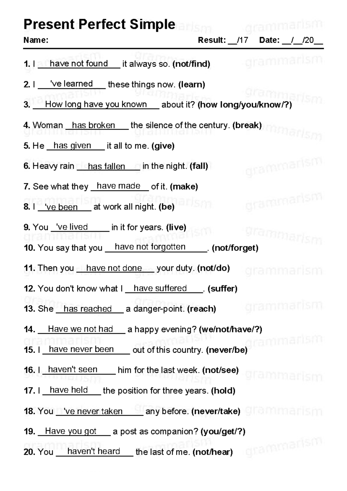 Present perfect simple - Present Perfect Simple Name: Result: /17 Date ...
