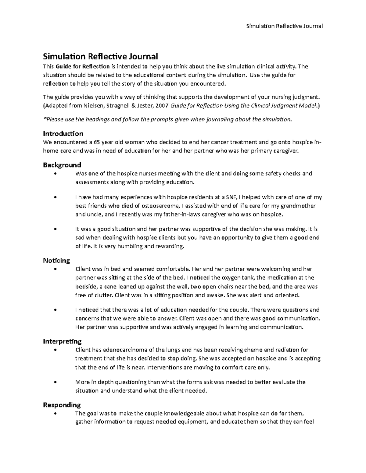 NUR419 Sim1 Journal - Debriefing on simulation - Simulation Reflective Journal Simulation ...