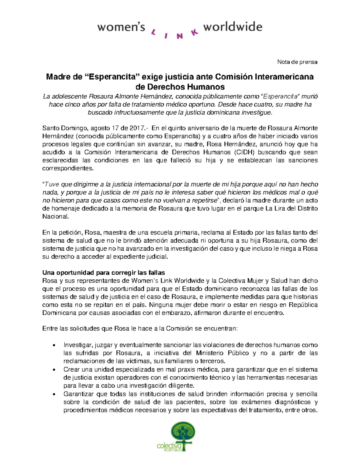 Caso esperancita - Nota de prensa Madre de “Esperancita” exige justicia ...