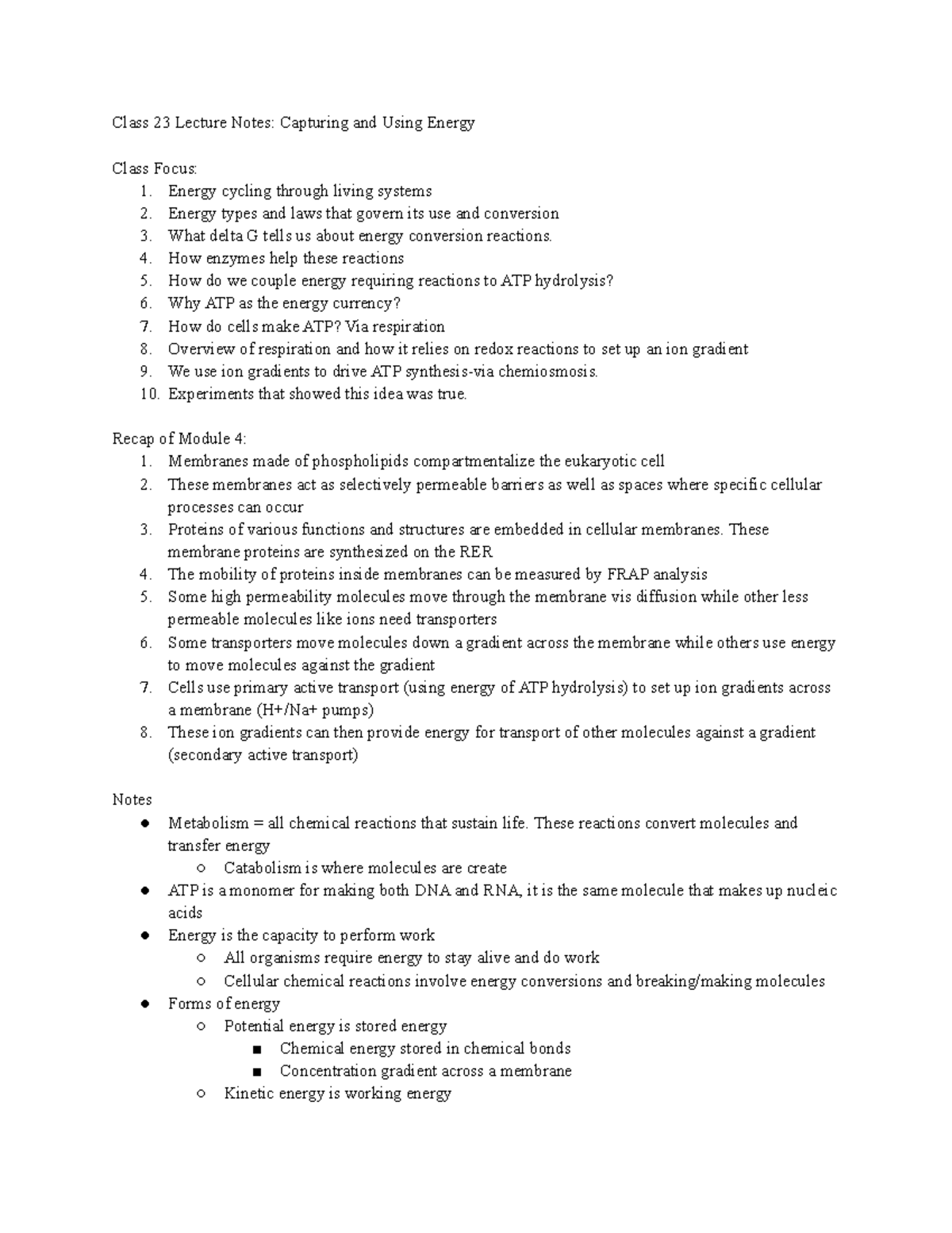 Class 23 Lecture Notes Capturing and Using Energy - Energy cycling ...