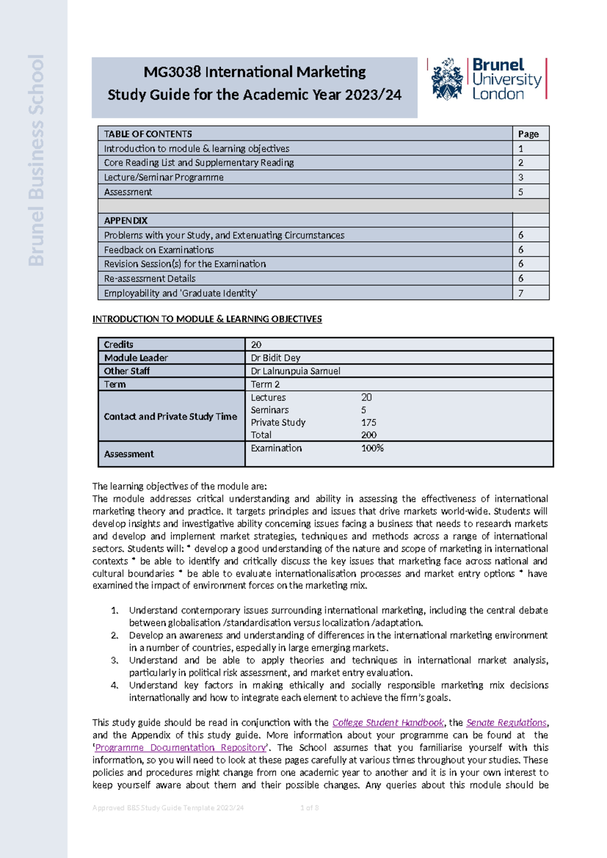 MG3038 Study Guide 2023 - Brunel Business School TABLE OF CONTENTS Page Introduction to module ...