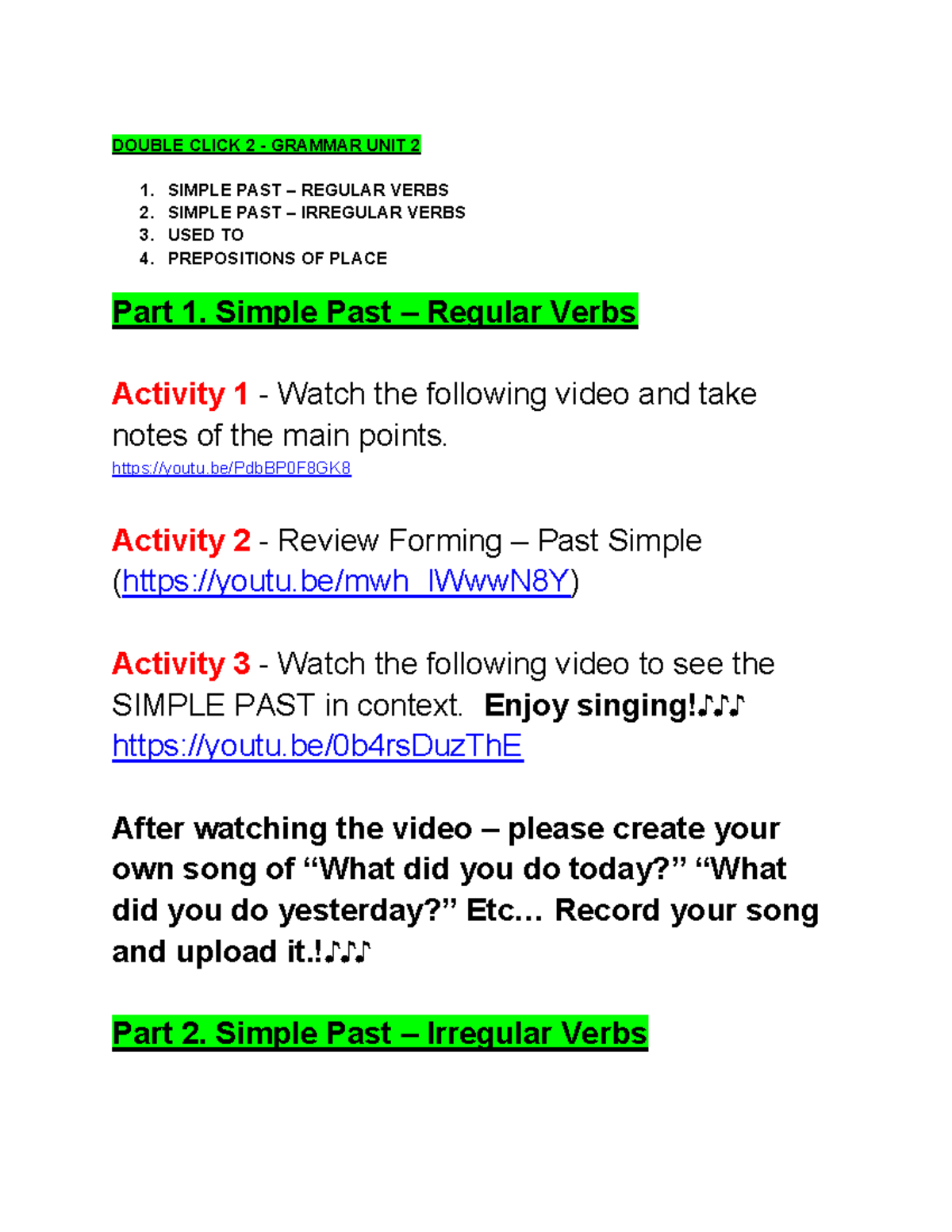 Grammar unit 2 double c - DOUBLE CLICK 2 - GRAMMAR UNIT 2 1. SIMPLE ...