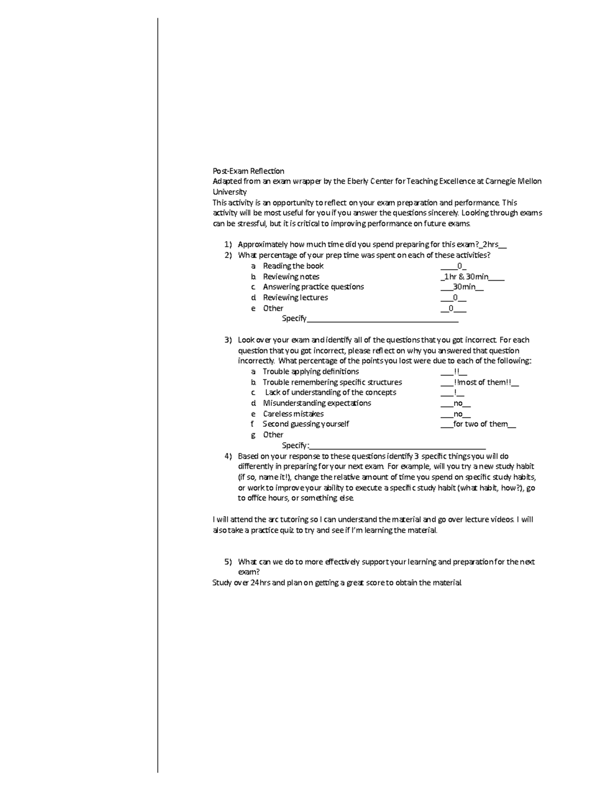 Exam Wrapper 1 answers - just to help study - Post-Exam Reflec/on ...