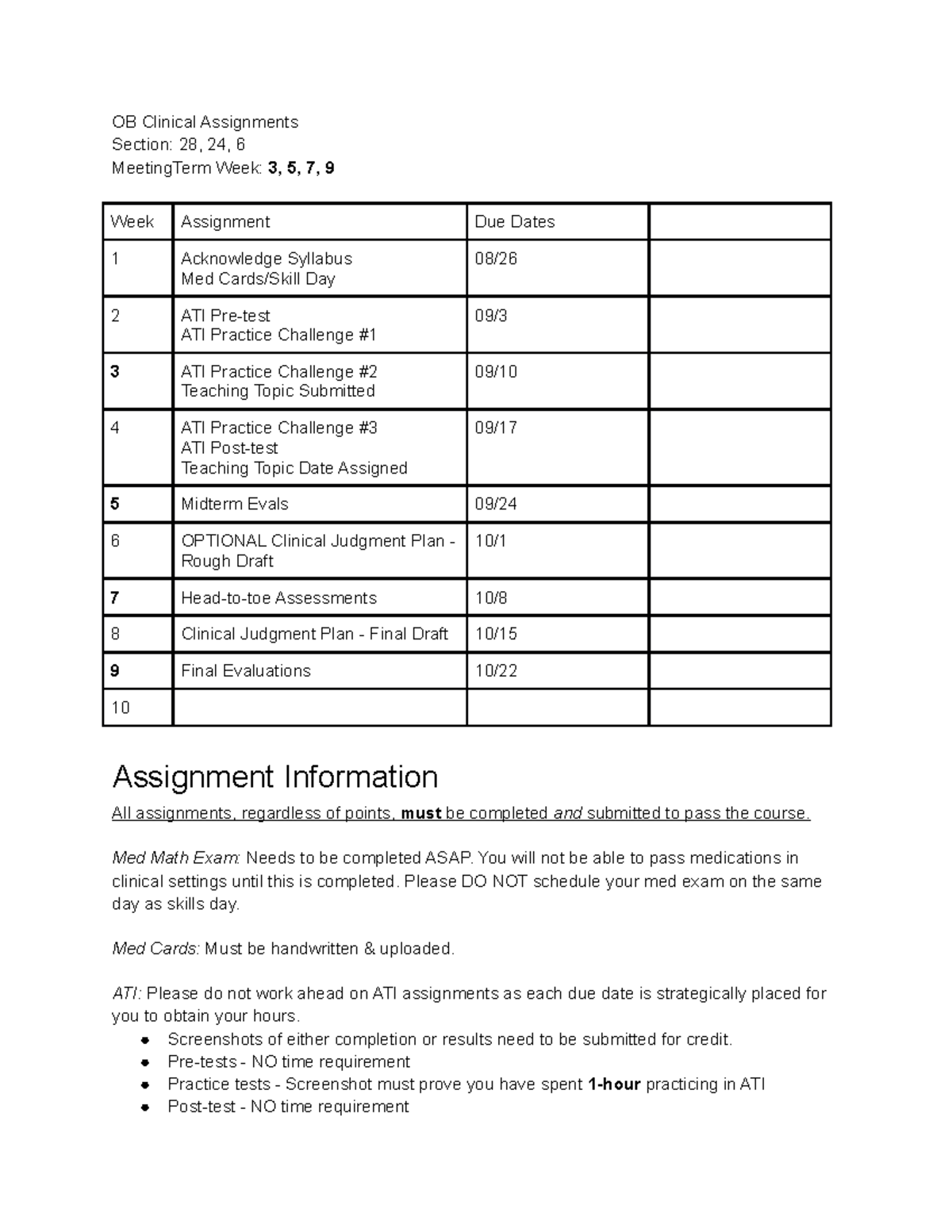 OB Clinical Assignment Due Dates Week 3,5,7,9 - OB Clinical Assignments ...