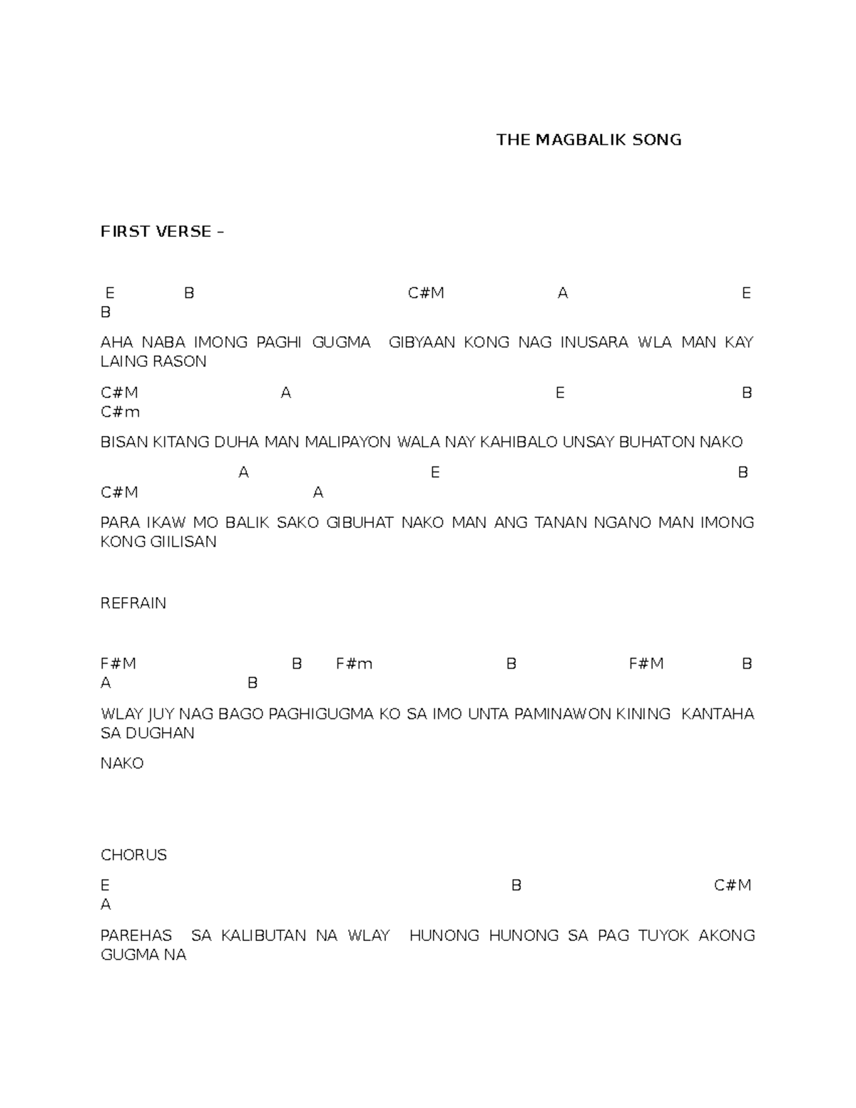 Magbalik - that is our homade lyrics - THE MAGBALIK SONG FIRST VERSE ...
