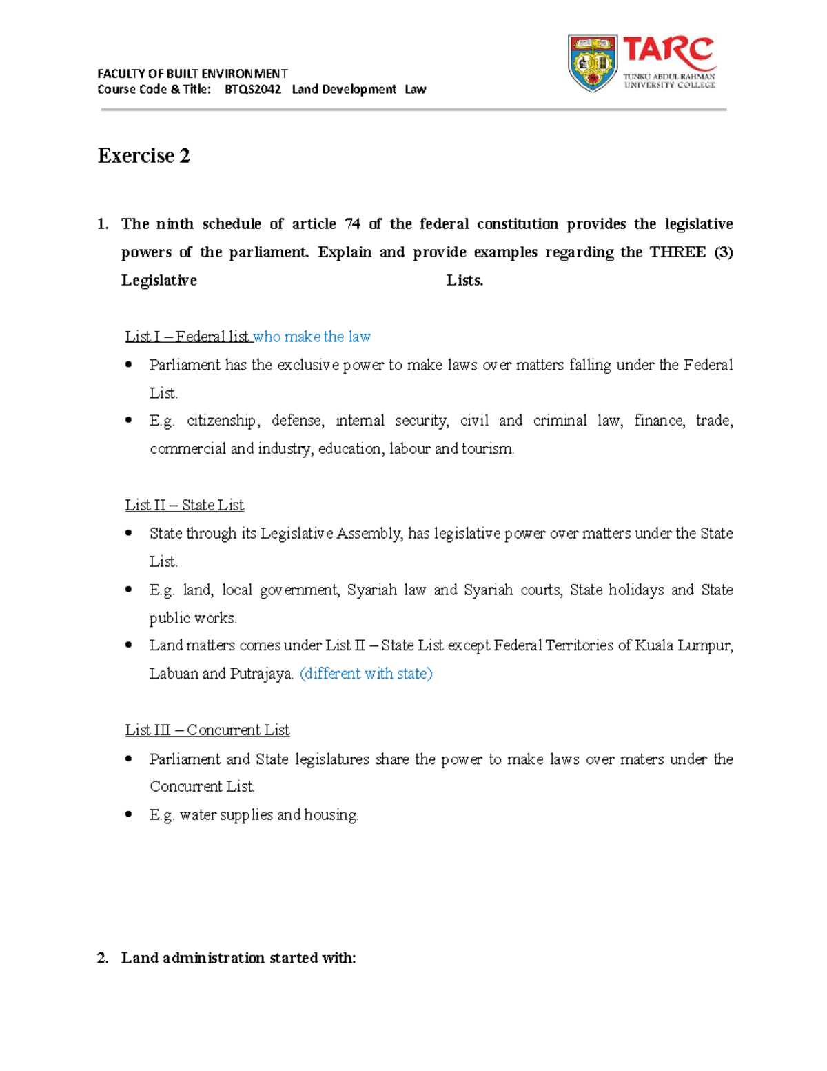 BTQS 2042 Land Development Law Tutorial Exercise 2 - Exercise 2 1. The ...