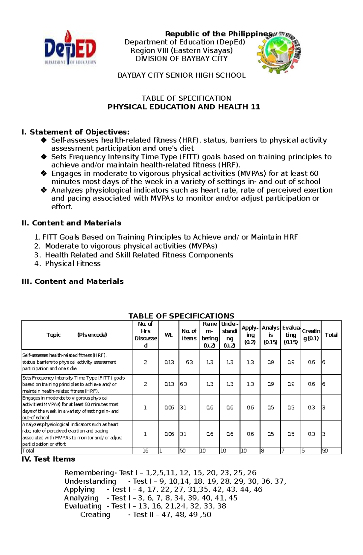 P.E TOS (2ND Quarter) - P.E 11 TOS & TQ - Republic of the Philippines ...