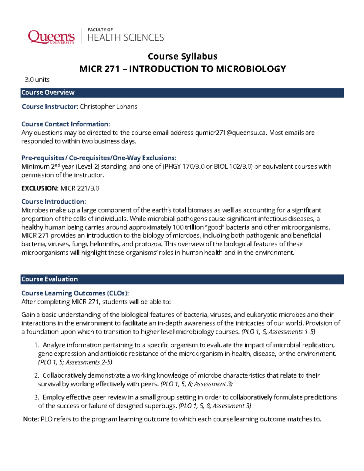 MICR271 Syllabus - Course Overview Course Instructor: Christopher ...