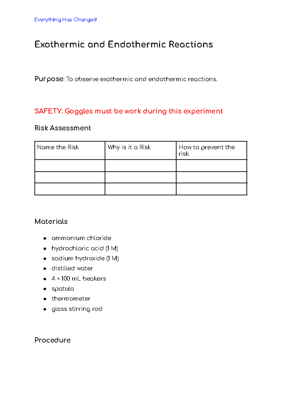 Prac Activity Exo Endothermic Reactions - Everything Has Changed ...