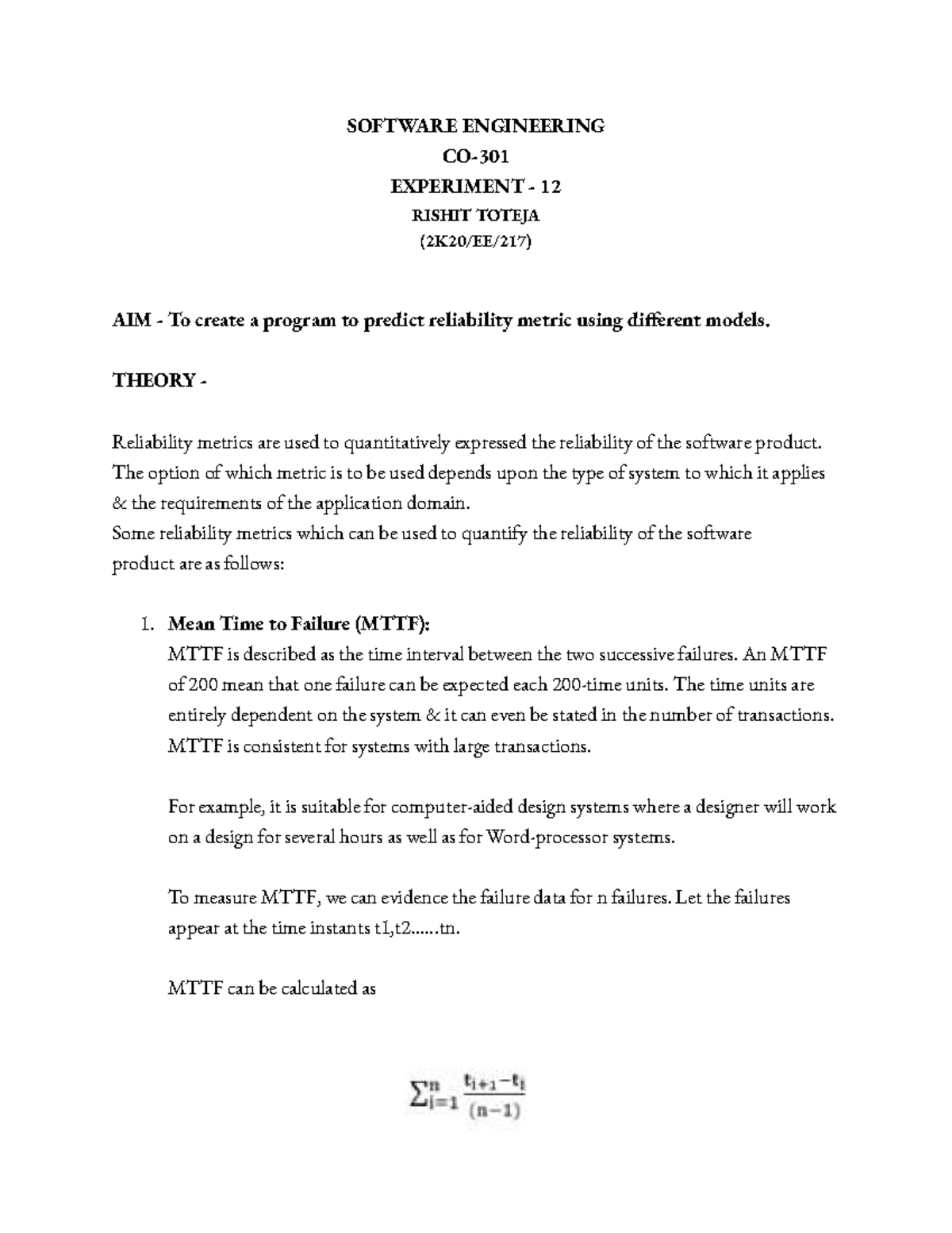 Experiment 12 Software Engineering Rishit Toteja 2K20 EE 217 - SOFTWARE ENGINEERING CO ...