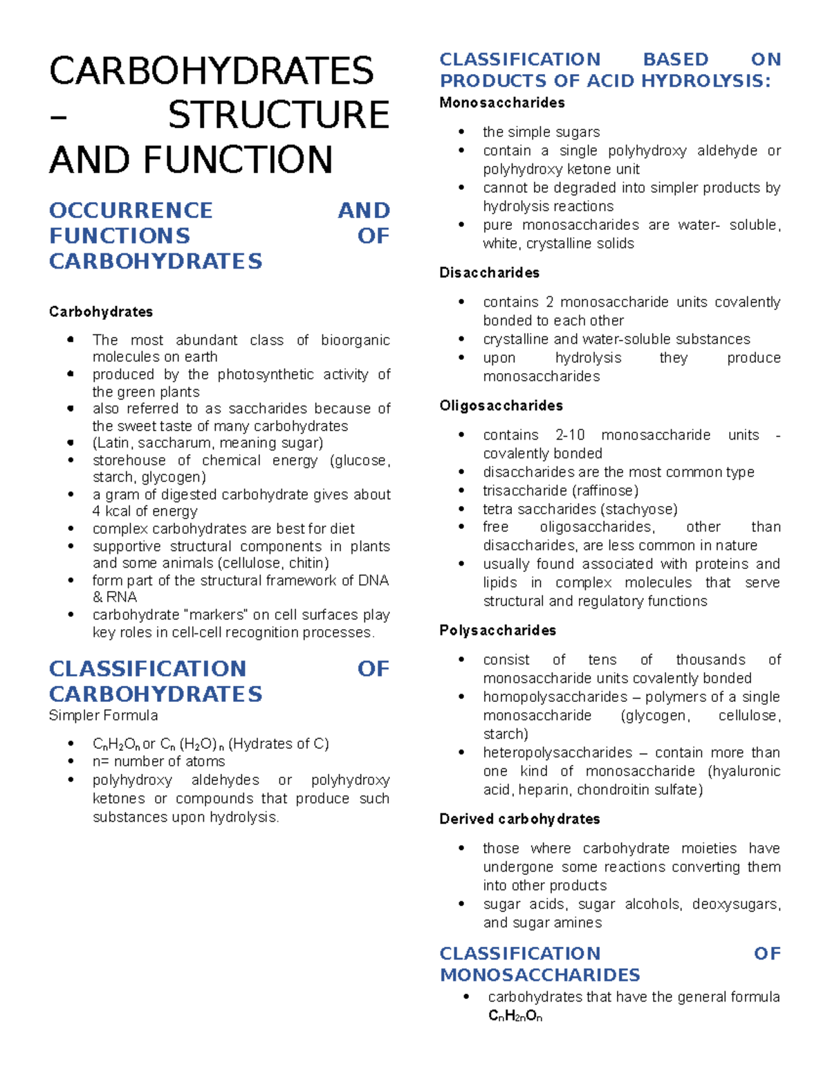 Carbohydrates - CLASSIFICATION OF CARBOHYDRATES Simpler Formula CnH 2 ...