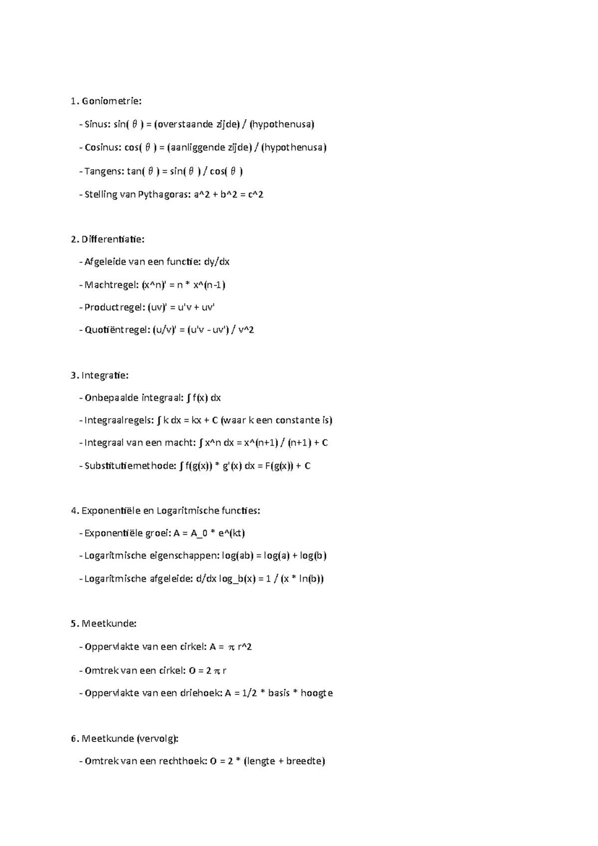 Wiskunde formules - Goniometrie: Sinus: sin(θ) = (overstaande zijde ...
