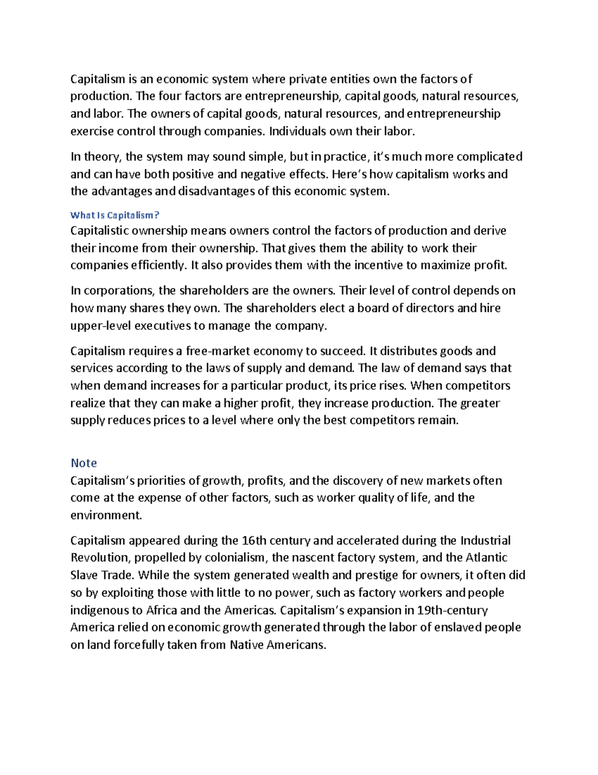 What is capitalism - Notes - Capitalism is an economic system where ...