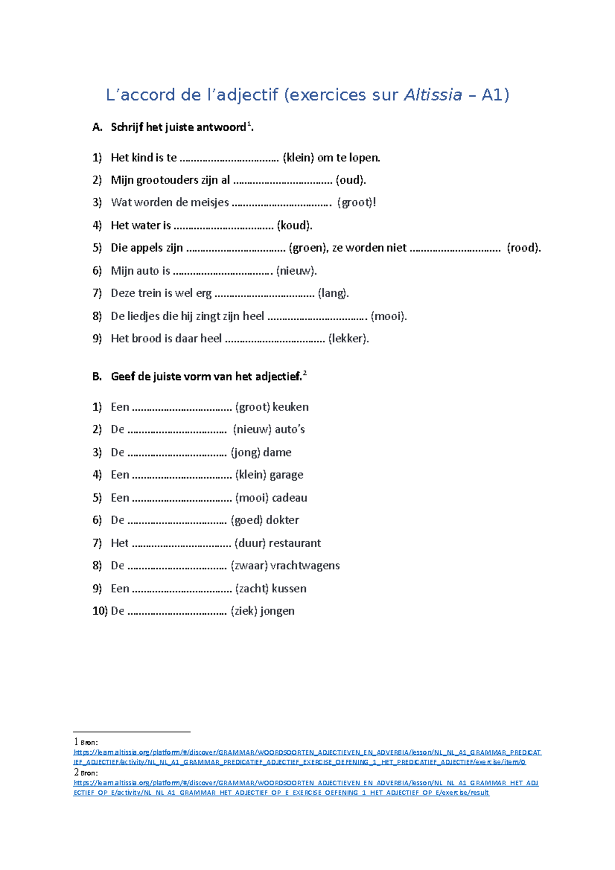 Copie de Accord adj. Altissia - L’accord de l’adjectif (exercices sur ...