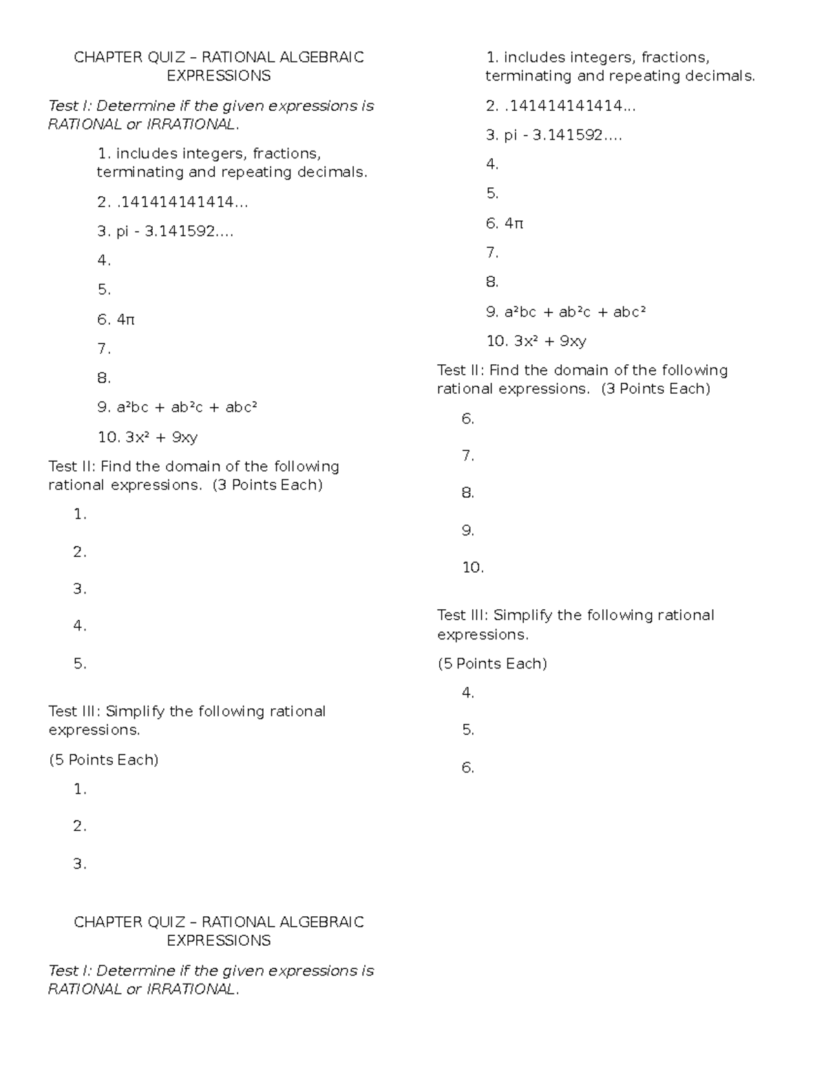 Chapter QUIZ Math - Summary BS in Information Technology - CHAPTER QUIZ – RATIONAL ALGEBRAIC ...