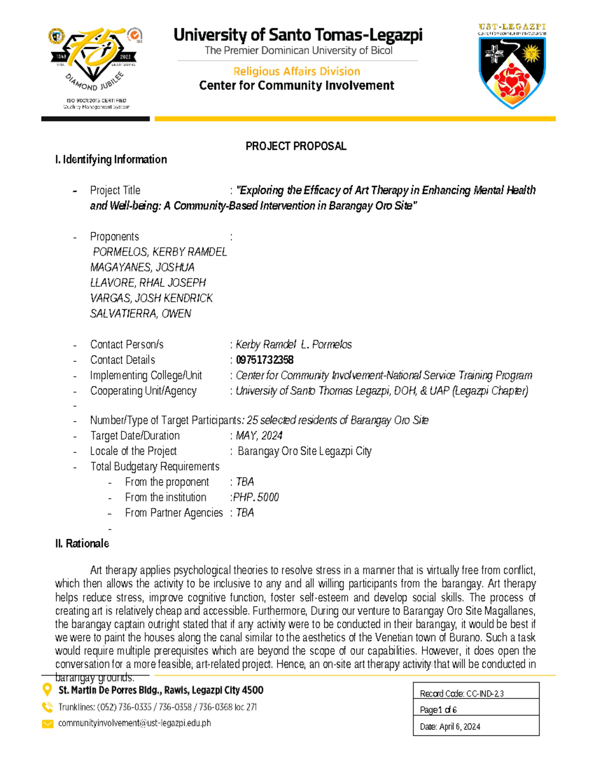 Format OF NSTP Proposal - Record Code: CC-IND-2. Page 1 of 6 PROJECT ...