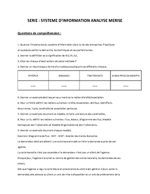 Serie Systeme d'information - SERIE EXERCICE DE SYSTEME D’INFORMATION Exercice 1 Compléter le ...