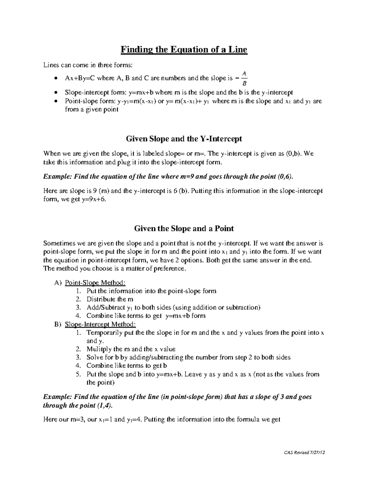 Finding the equation of a line notes 9 june moodle - Finding the ...