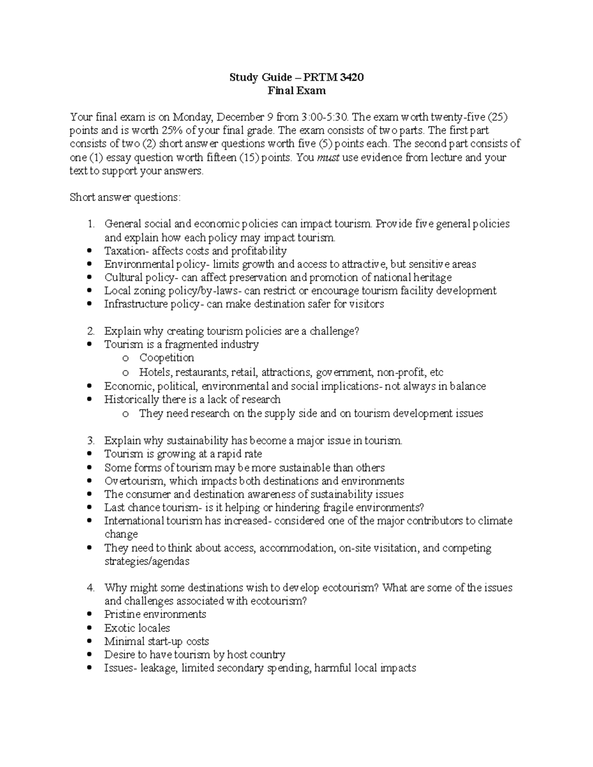 Study Guide - Final Exam - PRTM 3420 - Study Guide – PRTM 3420 Final ...