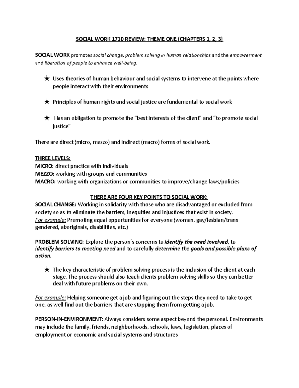 Social Work 1710 Review: Theme One - Studocu