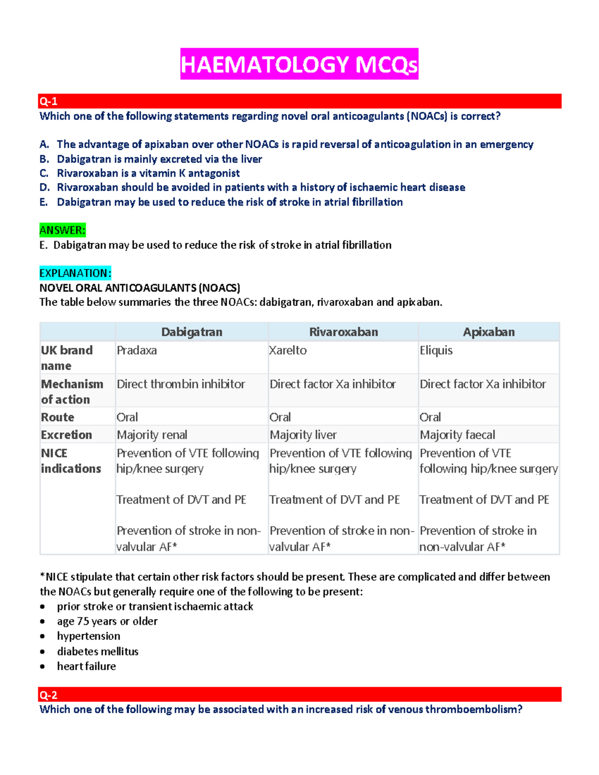 Passmedicine MCQs- Haematology - HAEMATOLOGY MCQs Q- Which one of the following statements ...