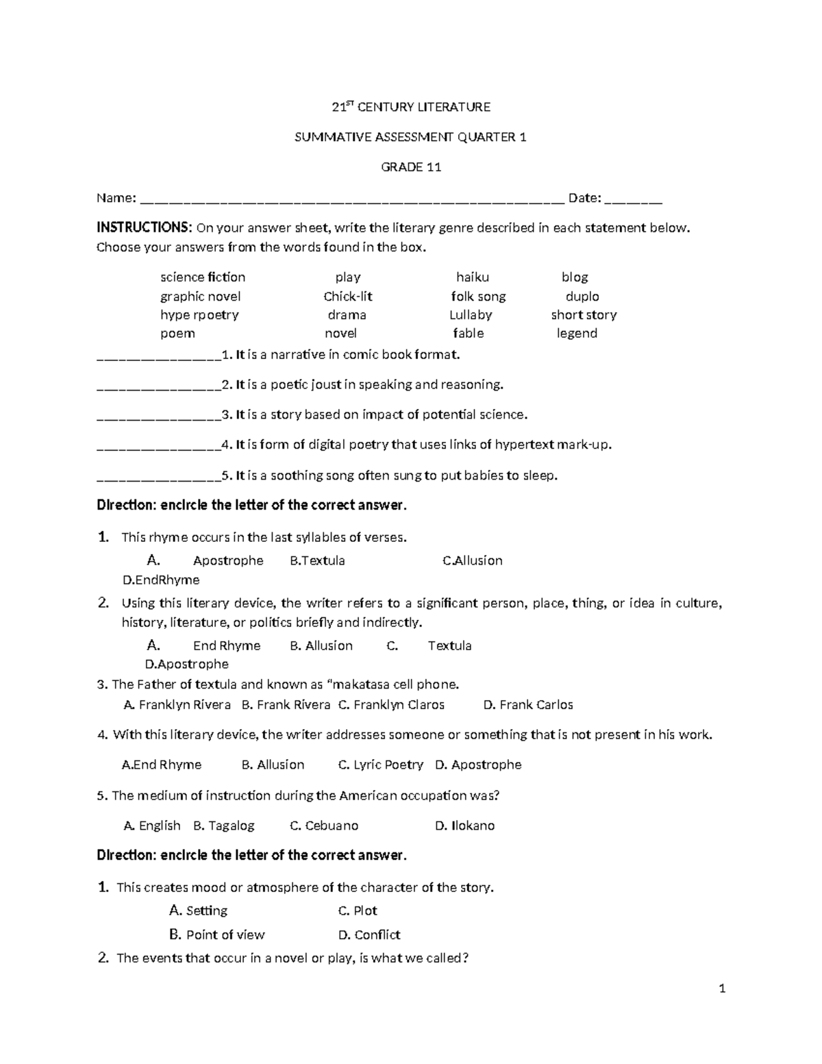 21ST Century Literature summative assessment 1st quarter - 21 ST ...