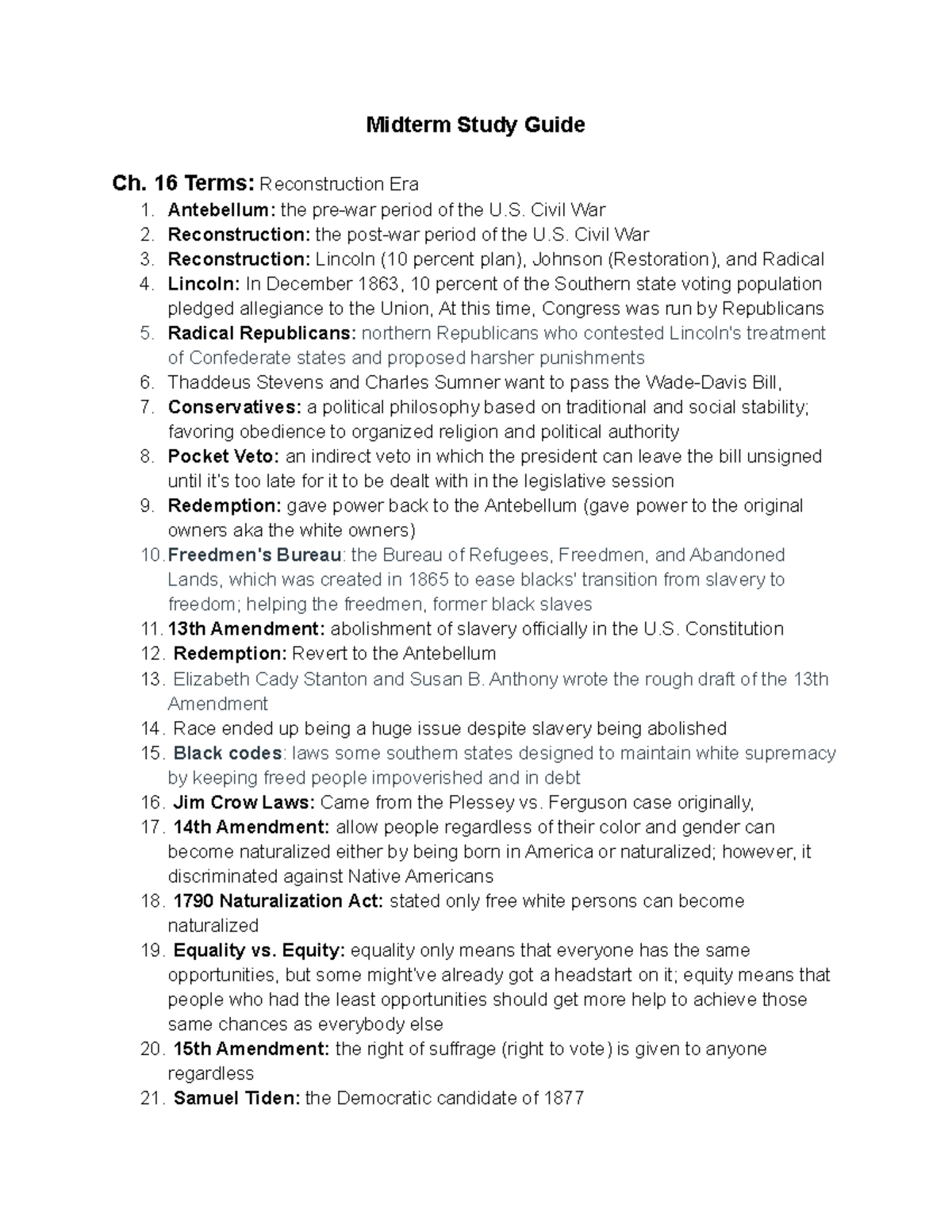 US History Notes (1st Part) - Midterm Study Guide Ch. 16 Terms ...