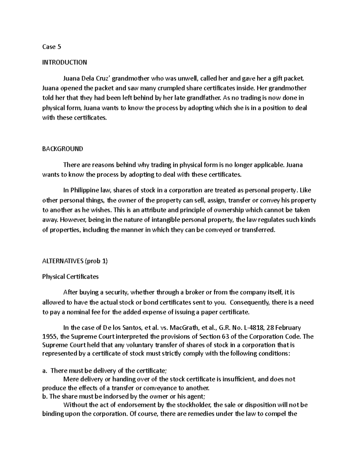Chapt 1___Case 5 - Case 5 INTRODUCTION Juana Dela Cruz’ grandmother who ...