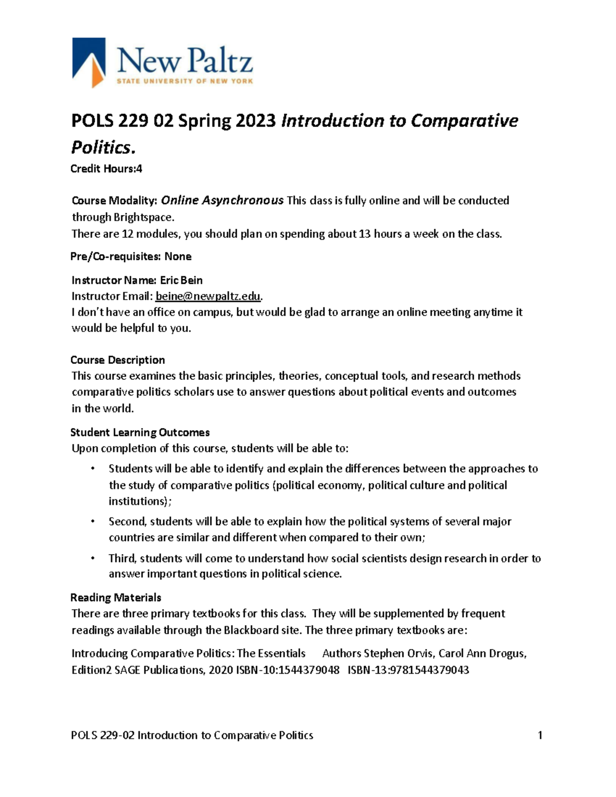 Spring Syllabus 23 Introduction to Comparative Politics Bein - POLS 229 ...