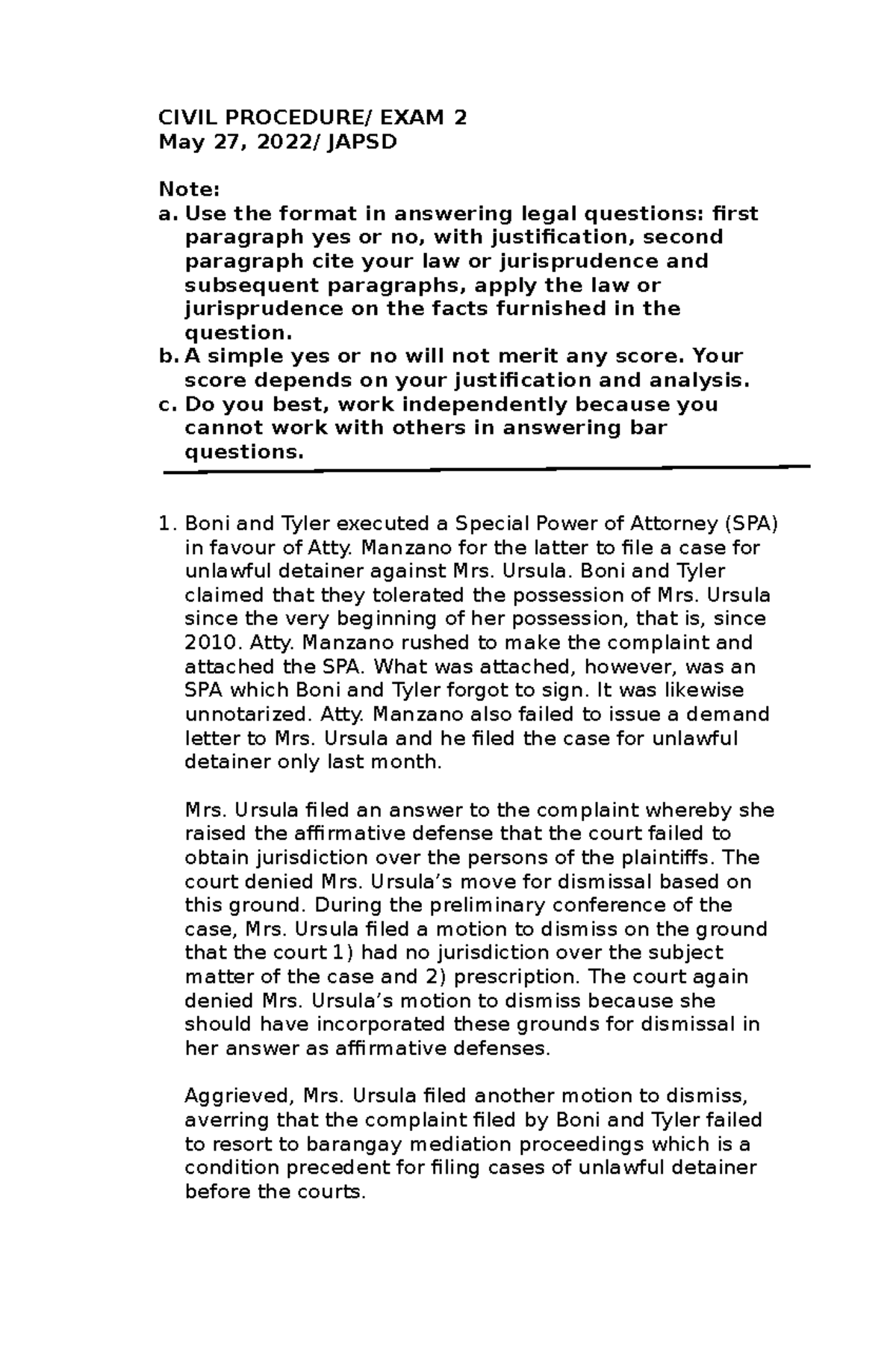 Exam-2 Civil Procedure Midterm EXAM - CIVIL PROCEDURE/ EXAM 2 May 27 ...