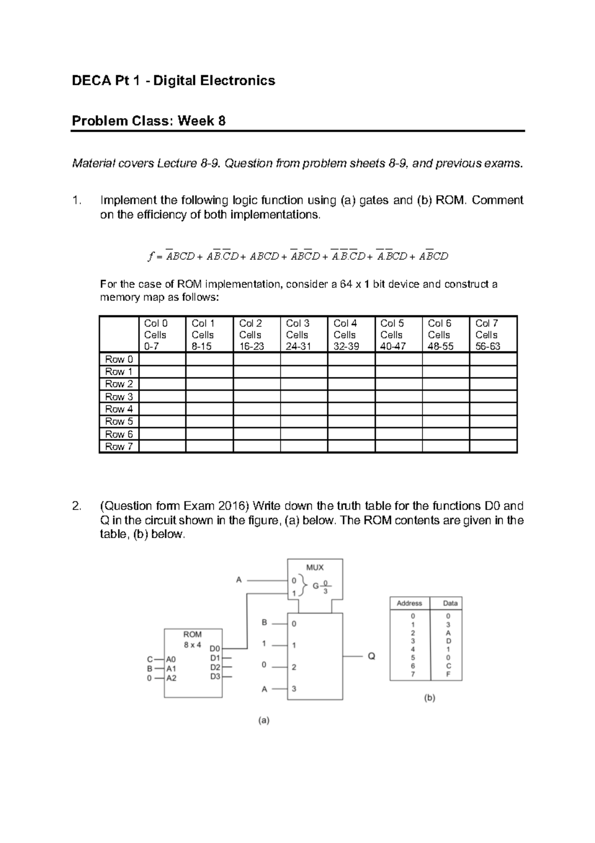 Problem classes 11-12 (Week 8) - DECA Pt 1 - Digital Electronics Problem Class: Week 8 Material ...